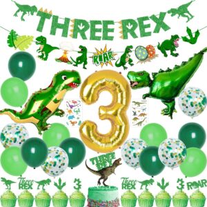 dinosaur 3rd birthday decorations, 3 rex birthday party supplies - three rex banner, cake&cupcake toppers, dinosaur balloons,temporary tattoos for roar i’m 3 boys girls birthday