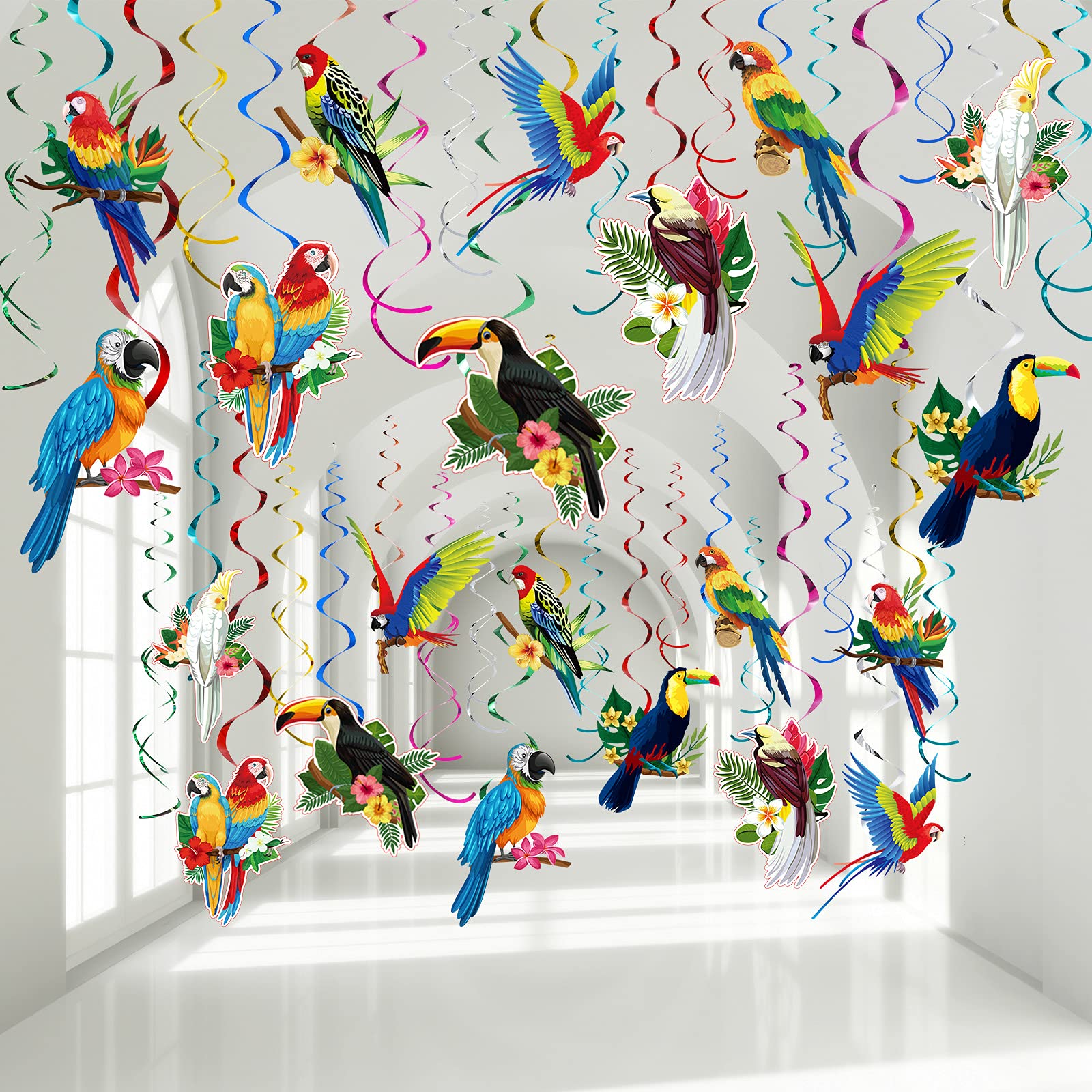 30 Tropical Birds Decorations, Tropical Hawaiian Toucan Parrot Party Hanging Swirl Foil Ceiling Decor for Summer Luau Hawaiian Beach Pool Party Tiki Party Wedding Birthday Party Supplies