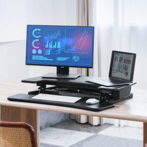 Aveyas [Electric] Motorized Standing Desk Converter, 32'' Speed Plus Version Height Adjustable Ergonomic Sit to Stand Up Riser, Dual Monitor Lift Computer Workstation with Wide Keyboard Tray