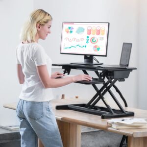 Aveyas [Electric] Motorized Standing Desk Converter, 32'' Speed Plus Version Height Adjustable Ergonomic Sit to Stand Up Riser, Dual Monitor Lift Computer Workstation with Wide Keyboard Tray