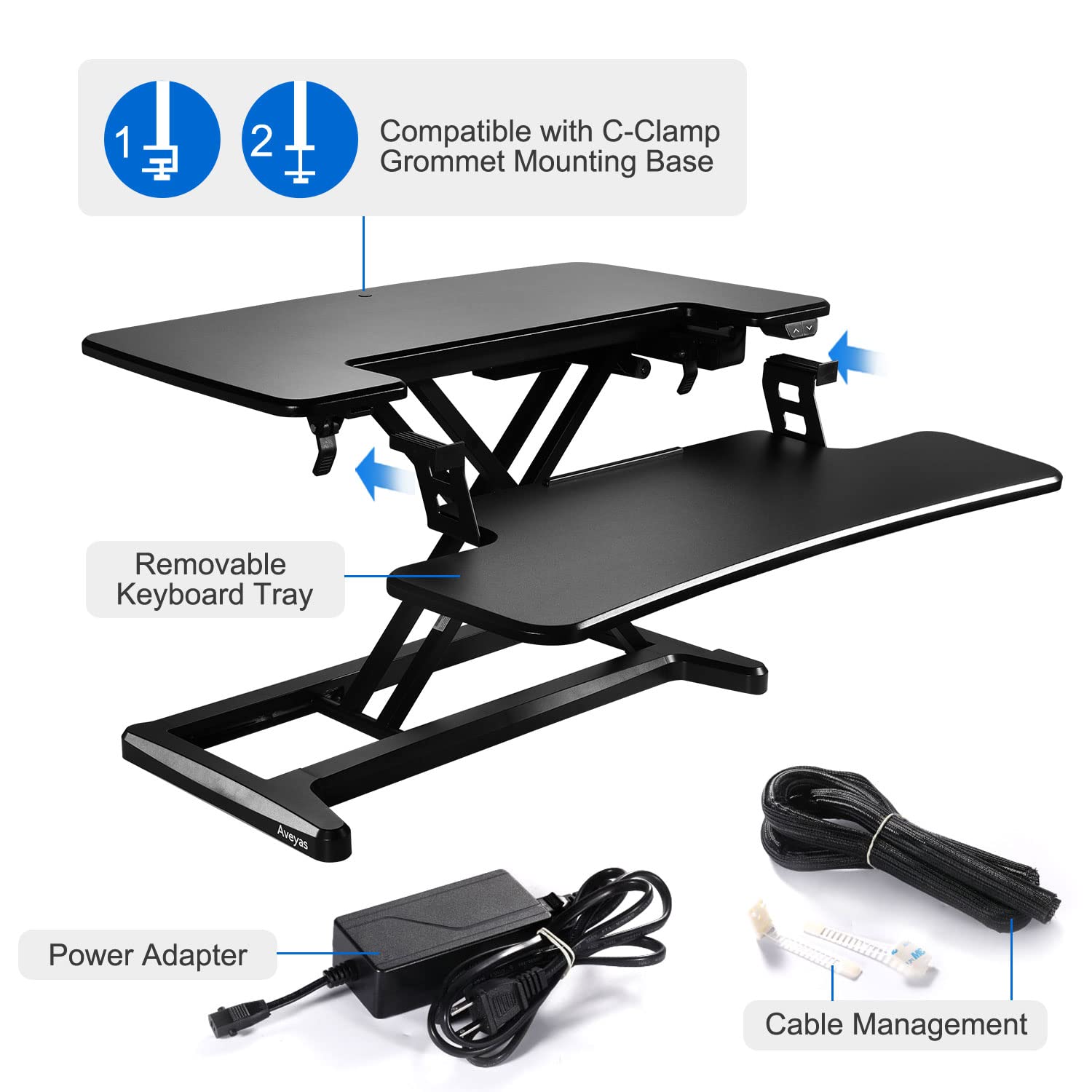 Aveyas [Electric] Motorized Standing Desk Converter, 32'' Speed Plus Version Height Adjustable Ergonomic Sit to Stand Up Riser, Dual Monitor Lift Computer Workstation with Wide Keyboard Tray