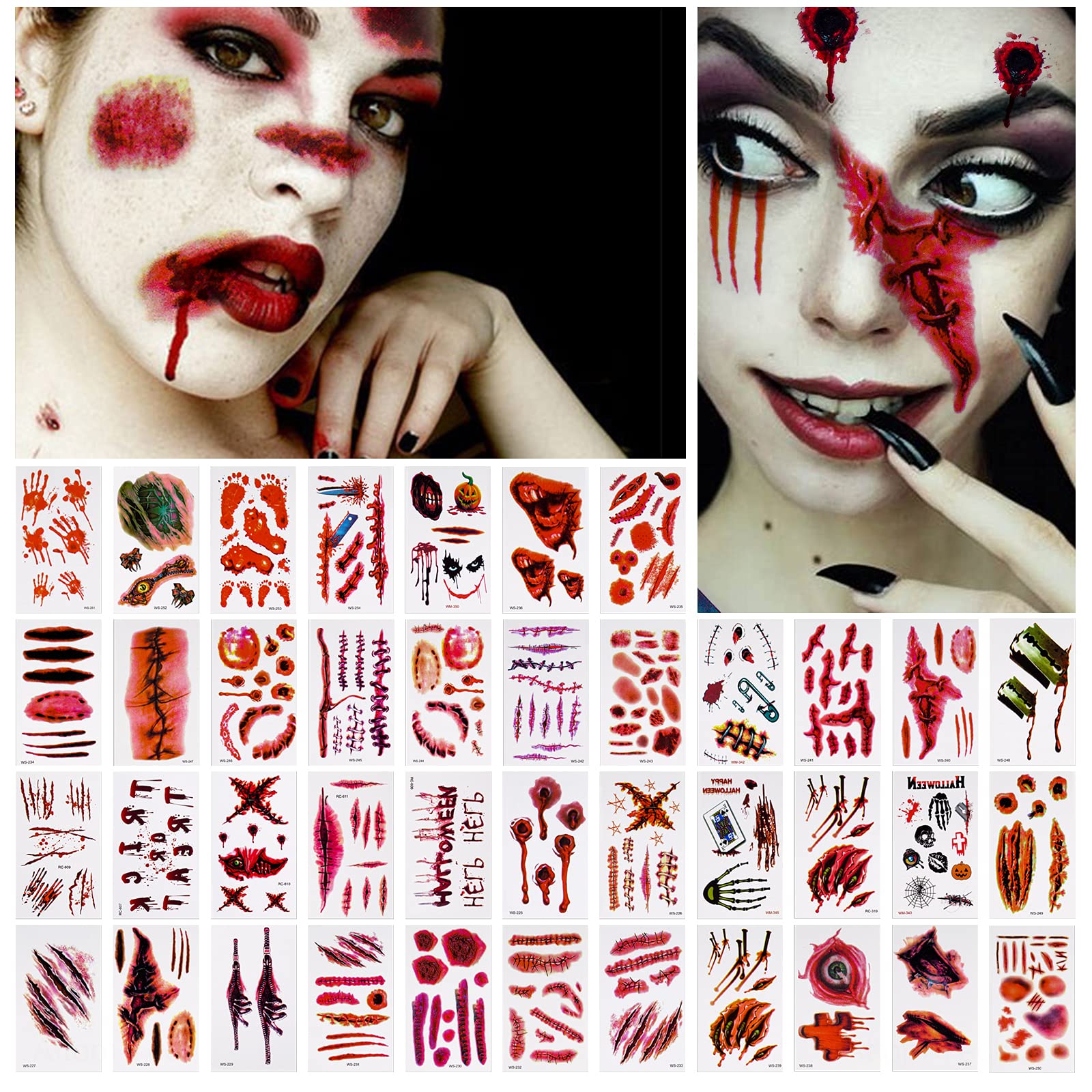 NiHome 40 Sheets Halloween Horror Removable Realistic Fake Temporary Tattoo Set, Zombie Costume Cosplay Blood Wound Bleeding Scar Variety Party Makeup Face Decals Prank Supplies