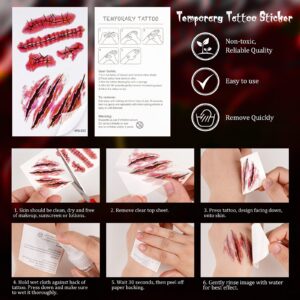 NiHome 40 Sheets Halloween Horror Removable Realistic Fake Temporary Tattoo Set, Zombie Costume Cosplay Blood Wound Bleeding Scar Variety Party Makeup Face Decals Prank Supplies