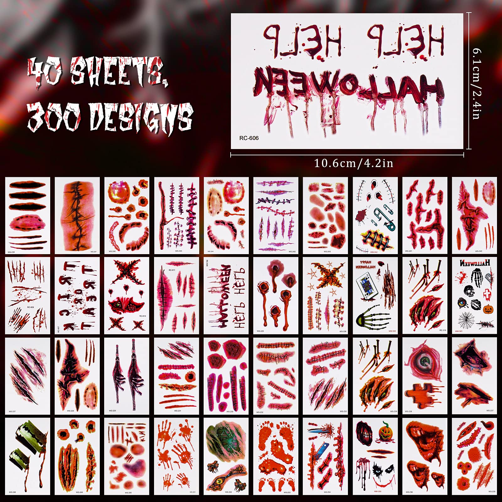 NiHome 40 Sheets Halloween Horror Removable Realistic Fake Temporary Tattoo Set, Zombie Costume Cosplay Blood Wound Bleeding Scar Variety Party Makeup Face Decals Prank Supplies