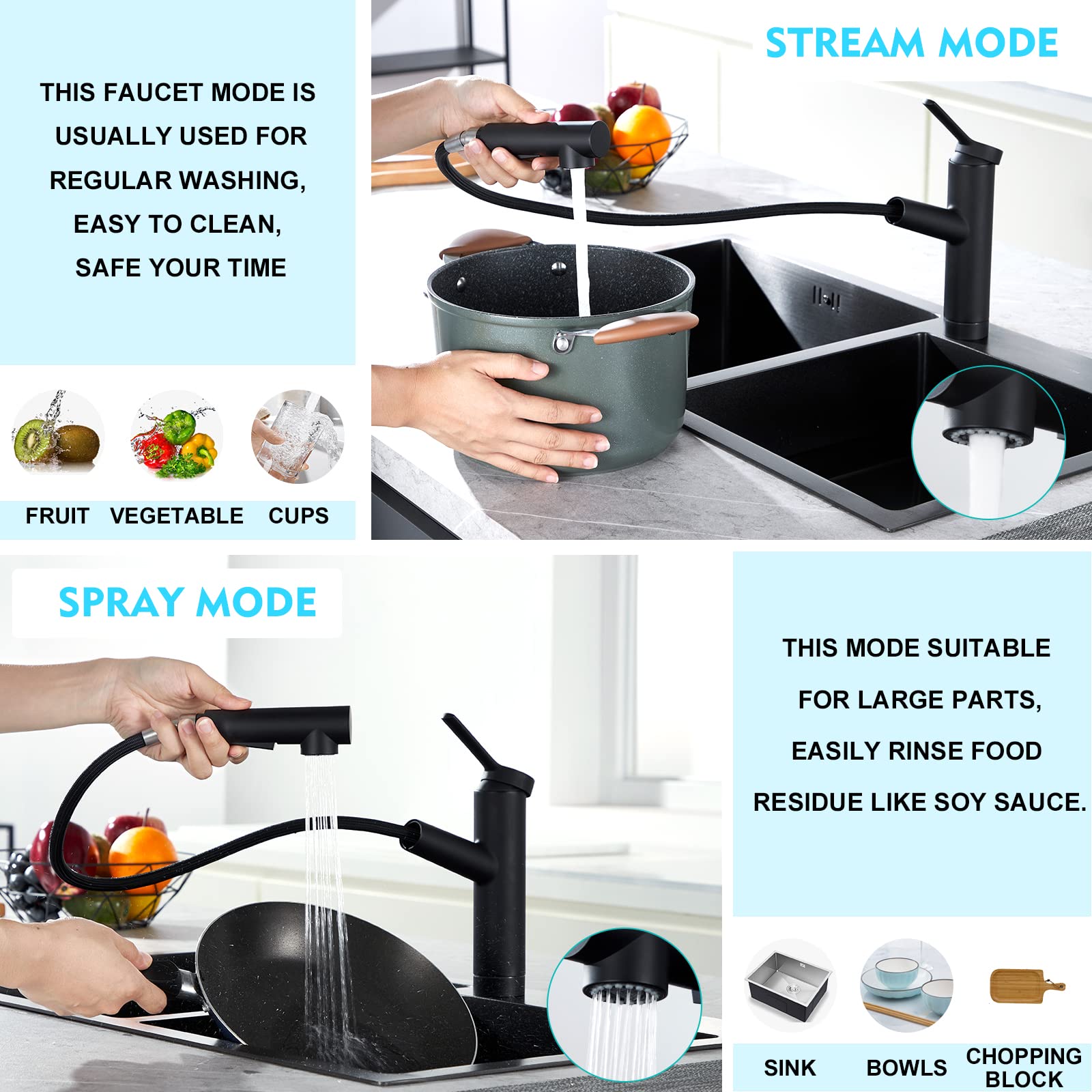 CREA Kitchen faucets, Bar Sink Faucet, Black Kitchen Sink Faucet Pull Out Utility Prep Wet Faucet Small Single Handle Hole Faucet, Commercial Modern rv Sink Low Arc Faucet Outdoor Laundry