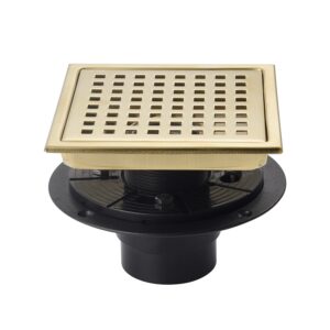 SISEHO 6 Inch Shower Drain Brushed Gold With Adjustable Shower Drain Base Flange SUS304 Stainless Steel Floor Drain Cover Removable Mesh Grille