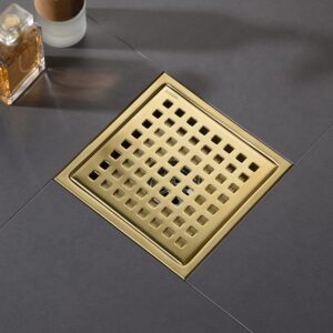 SISEHO 6 Inch Shower Drain Brushed Gold With Adjustable Shower Drain Base Flange SUS304 Stainless Steel Floor Drain Cover Removable Mesh Grille