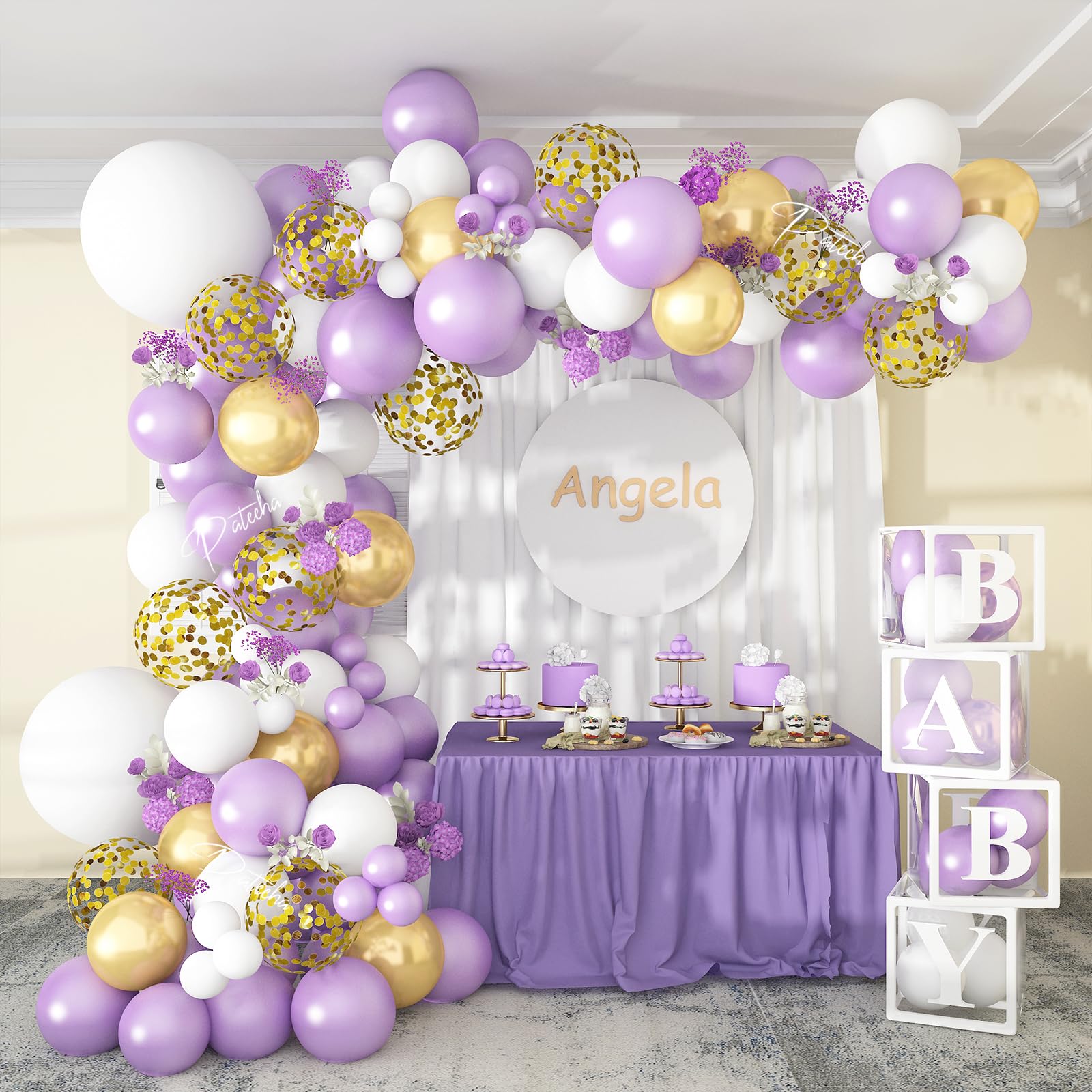 Pateeha Purple Balloon Garland Arch Kit 130 Pcs Pearl Purple Party Decorations White Lavender Gold Confetti Balloon Arch for Birthday Wedding Baby Shower Decorations