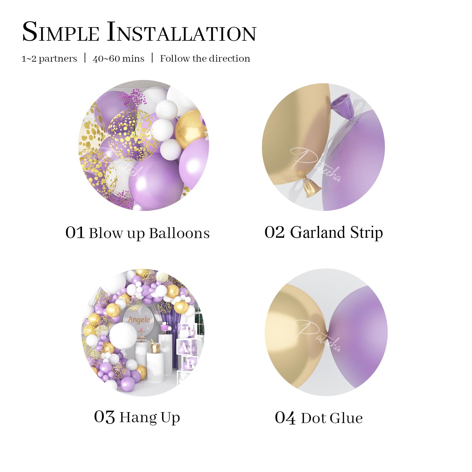 Pateeha Purple Balloon Garland Arch Kit 130 Pcs Pearl Purple Party Decorations White Lavender Gold Confetti Balloon Arch for Birthday Wedding Baby Shower Decorations