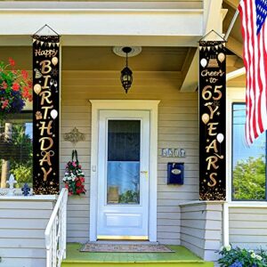 2 Pieces 65th Birthday Party Decorations Black and Gold Cheers to 65 Years Banner Porch Sign Door Hanging Banner for Men and Woman Welcome Porch Sign for 65 Years Birthday Supplies, 71 x 12 Inches