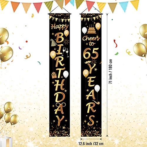 2 Pieces 65th Birthday Party Decorations Black and Gold Cheers to 65 Years Banner Porch Sign Door Hanging Banner for Men and Woman Welcome Porch Sign for 65 Years Birthday Supplies, 71 x 12 Inches