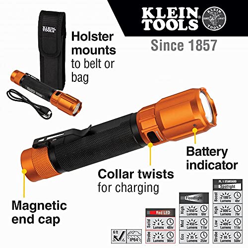 Klein Tools 56413 Rechargeable 2-Color LED Flashlight, Holster, Spotlight, Floodlight, Red LED, 1000 Lumens, USB Cable, Camping, Hunting