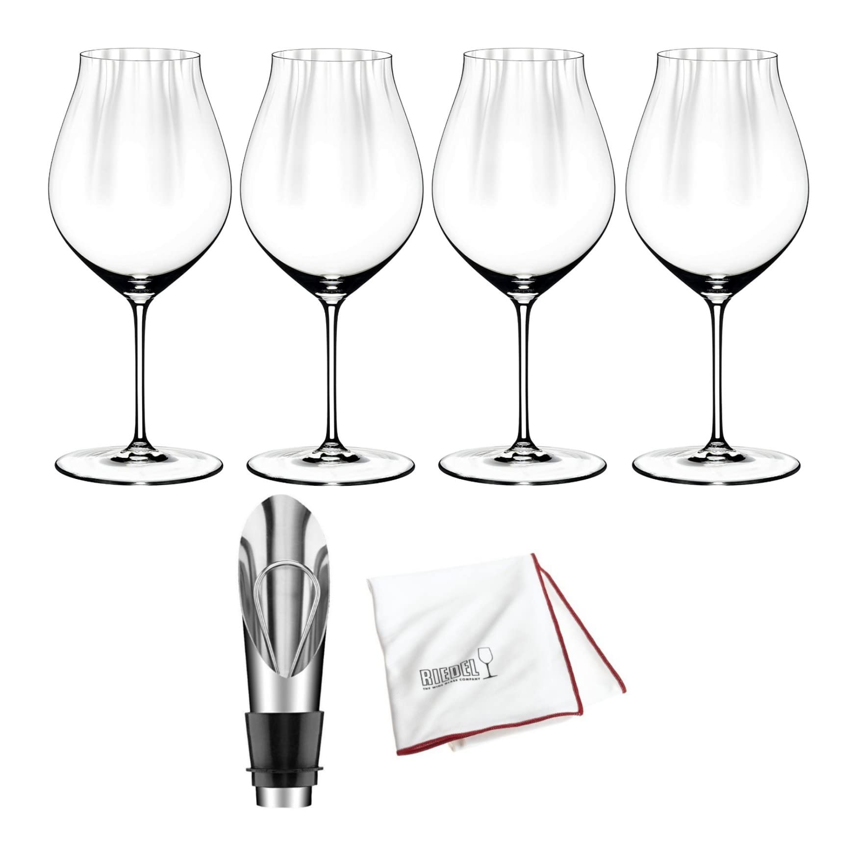 Riedel Performance Pinot Noir Wine Glass (2-Pack) Bundle with Large Microfiber Polishing Cloth and Wine Pourer (4 Items)