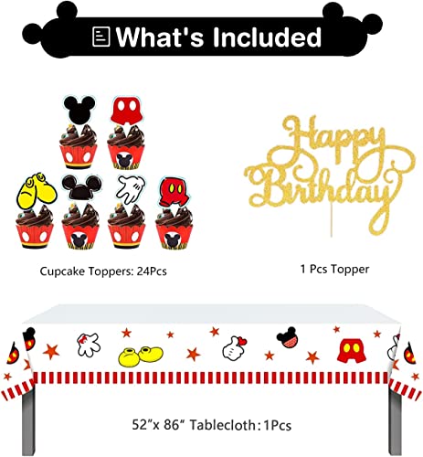 HIPEEWO Mickey Themed Mouse Party Supplies - Mickey Decorations Include Backdrop, Welcome Hanger, Banner, Topper, Tassel, Tablecloth, Balloons Garland Arch, for Mickey Birthday Party Decorations