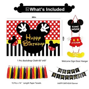 HIPEEWO Mickey Themed Mouse Party Supplies - Mickey Decorations Include Backdrop, Welcome Hanger, Banner, Topper, Tassel, Tablecloth, Balloons Garland Arch, for Mickey Birthday Party Decorations