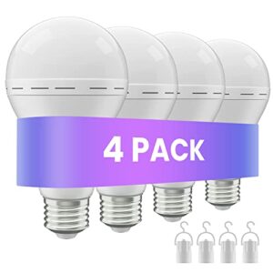 emergency rechargeable led light bulb with hook,stay lights up when power failure, 1500mah 12w 60w equivalent led light bulbs for home, camping, hiking, 4 pack