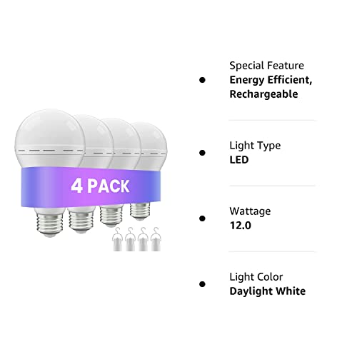 Emergency Rechargeable Led Light Bulb with Hook,Stay Lights Up When Power Failure, 1500mAh 12W 60W Equivalent LED Light Bulbs for Home, Camping, Hiking, 4 Pack