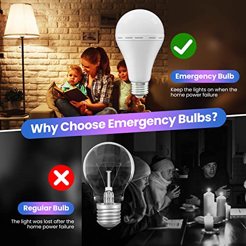 Emergency Rechargeable Led Light Bulb with Hook,Stay Lights Up When Power Failure, 1500mAh 12W 60W Equivalent LED Light Bulbs for Home, Camping, Hiking, 4 Pack