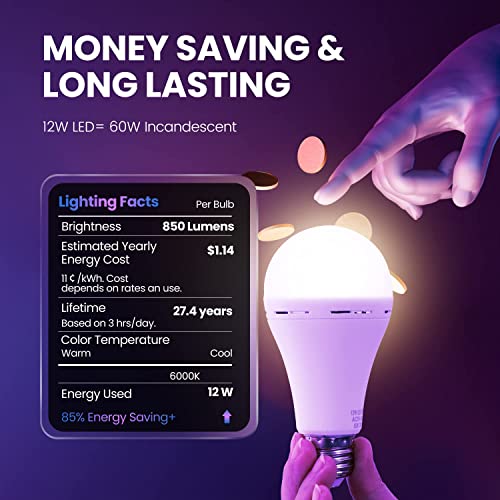 Emergency Rechargeable Led Light Bulb with Hook,Stay Lights Up When Power Failure, 1500mAh 12W 60W Equivalent LED Light Bulbs for Home, Camping, Hiking, 4 Pack