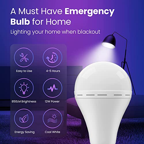 Emergency Rechargeable Led Light Bulb with Hook,Stay Lights Up When Power Failure, 1500mAh 12W 60W Equivalent LED Light Bulbs for Home, Camping, Hiking, 4 Pack