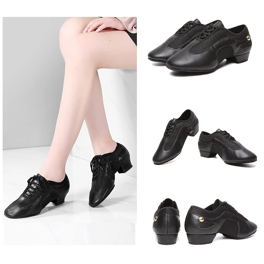 VCIXXVCE Women Lace up Ballroom Dance Practice Shoes Black Closed Toe Modern Salsa Latin Dance Teaching Performance Dancing Shoes,9.5 US