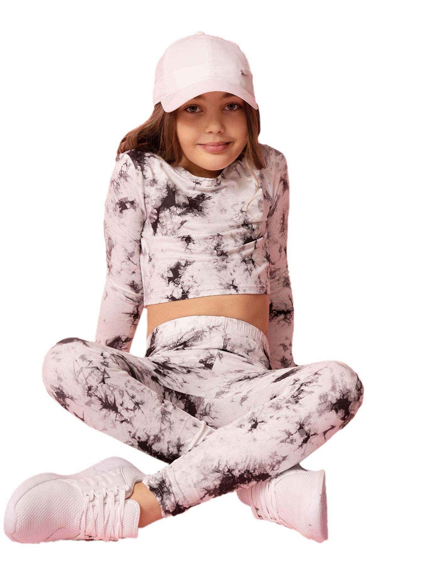 SOLY HUX Girl's 2 Piece Outfits Tie Dye Long Sleeve Tee Top and Leggings Set Black White 11-12Y