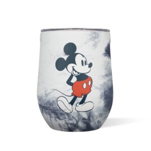 corkcicle disney 12 ounce triple insulated stainless steel stemless travel cup with lid and silicone bottom for hot and cold drinks, mickey tie dye