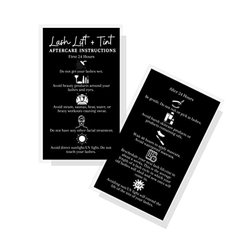 Boutique Marketing LLC Lash Lift + Tint Aftercare Instruction Cards | 50 Pack | 2x3.5” inches Business Card Size | Eyelash Lift and Tint Kit at Home DIY | Black Card Design White, Black