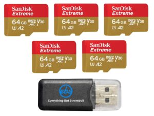 sandisk micro extreme 64gb memory card (five pack) for dji air 2s drone (sdsqxah-064g-gn6mn) bundle with (1) everything but stromboli microsd card reader