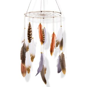 boho feather baby mobile for crib, bohemian nursery gender neutral wall hanging decor, large dream catcher ornament hanger gift for kids girl boy ceiling children teen bedroom outdoor christmas gift