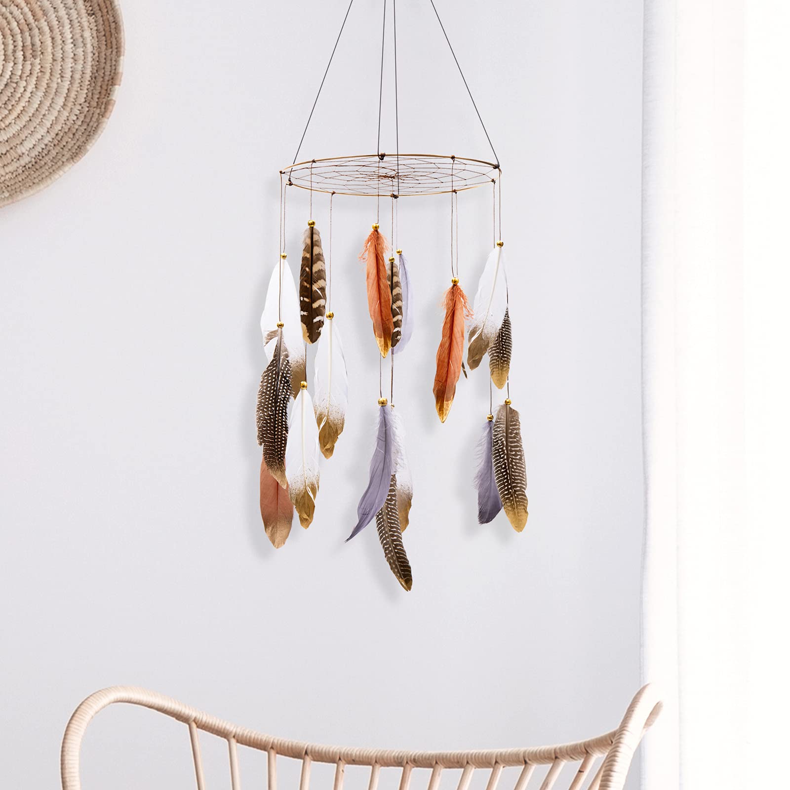 Boho Feather Baby Mobile for Crib, Bohemian Nursery Gender Neutral Wall Hanging Decor, Large Dream Catcher Ornament Hanger Gift for Kids Girl Boy Ceiling Children Teen Bedroom Outdoor Christmas Gift