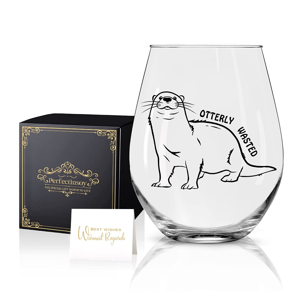 Perfectinsoy Otterly Wasted Cute Stemless Wine Glass with Gift Box, Otter Wine Glass, Gift For Otter Lover, otter-themed gifts …