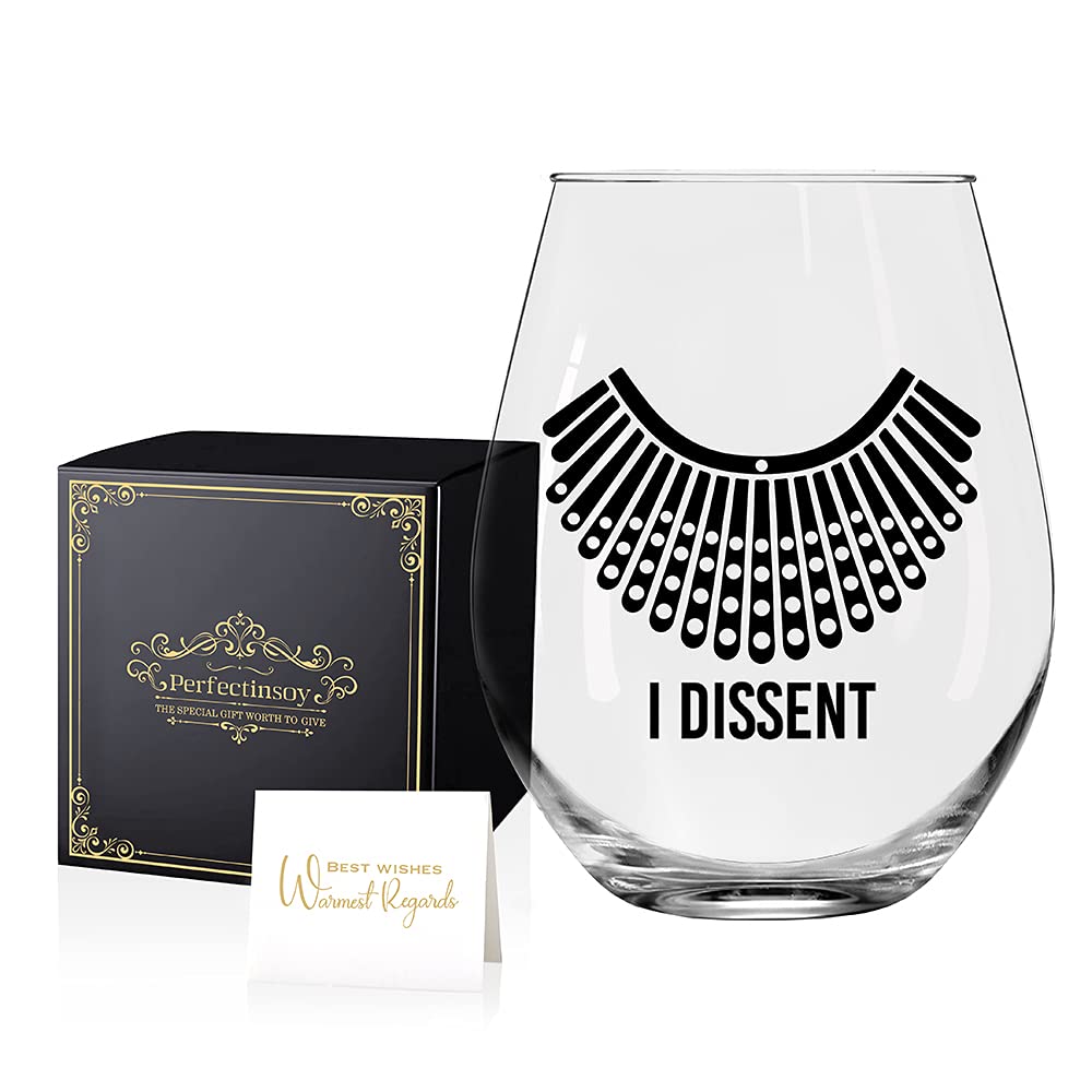 Perfectinsoy RBG I Dissent Wine Glass with Gift Box, Funny & Humorous Feminist Gifts for RBG Fan, Women, Sisters, Mothers, Boss, Colleagues, Unique Patriotic Glassware Celebrating Women’s Rights