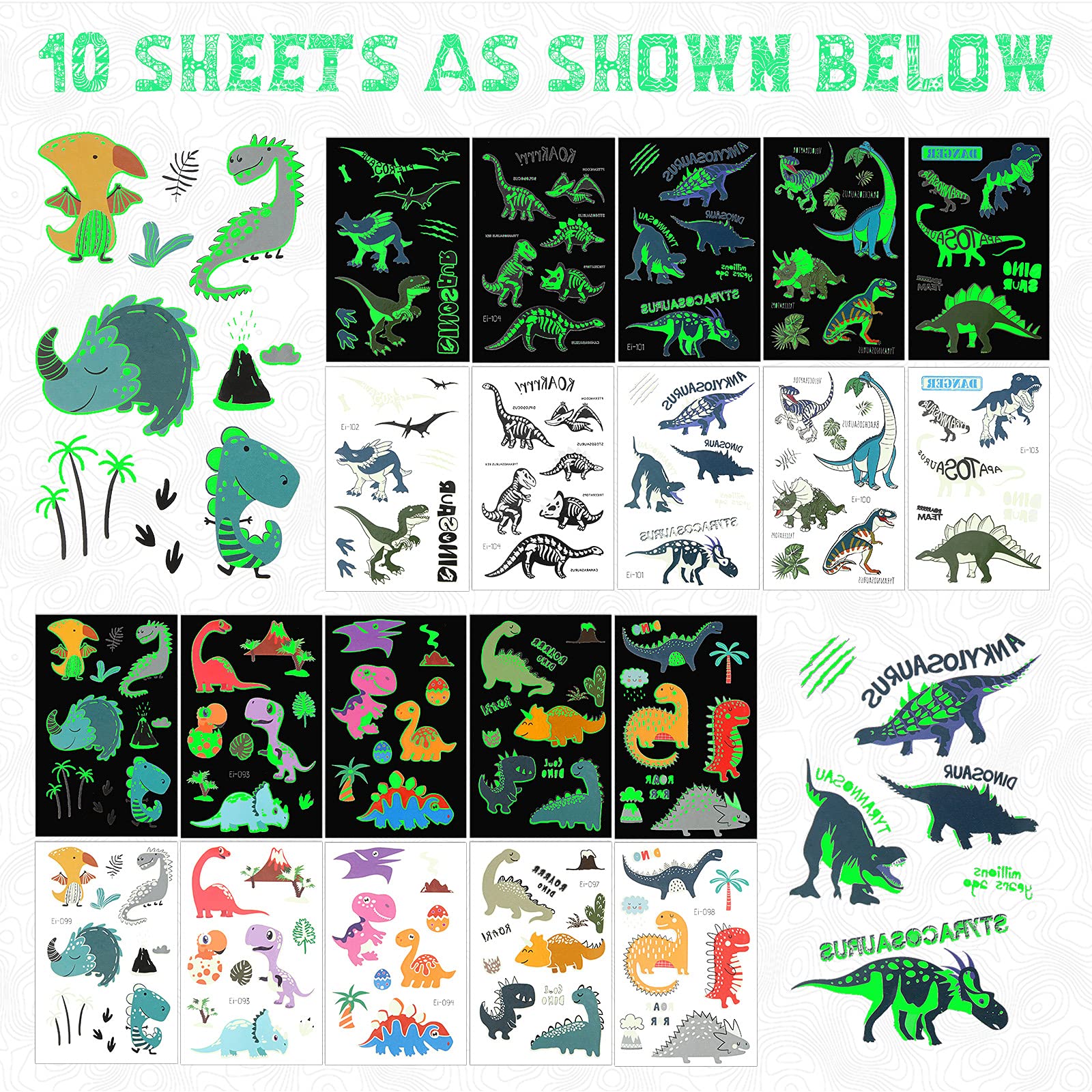 Zonon Dinosaur Temporary Tattoos Glow in The Dark for Kids Party Supplies Dinosaur Tattoos Sticker Luminous Jungle Waterproof Dino Temporary Tattoos for Boys Girls Party Supplies(Glow Style)