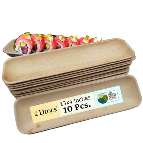 Dtocs Palm Leaf Sushi Tray (10) | 13 x 4 Inch Bamboo Plate Like Disposable Sushi Serving Tray Set, Chicken Wings Serving Tray for Luau, Wedding Parties | Compostable Alternate to Rectangle Paper Plate