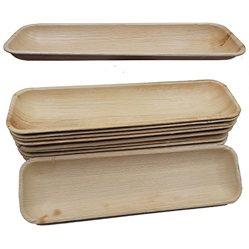 Dtocs Palm Leaf Sushi Tray (10) | 13 x 4 Inch Bamboo Plate Like Disposable Sushi Serving Tray Set, Chicken Wings Serving Tray for Luau, Wedding Parties | Compostable Alternate to Rectangle Paper Plate