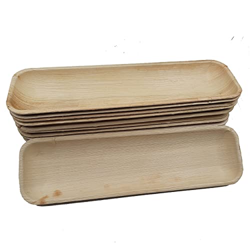 Dtocs Palm Leaf Sushi Tray (10) | 13 x 4 Inch Bamboo Plate Like Disposable Sushi Serving Tray Set, Chicken Wings Serving Tray for Luau, Wedding Parties | Compostable Alternate to Rectangle Paper Plate