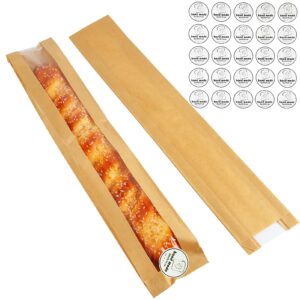 pakiper 50 pack cookie packaging bread bags,baguette bags for bread,kraft paper bread bags with front window, for homemade bread baguette kraft bags with clear window and seal sticker,23.5"x3.6"x1.8"