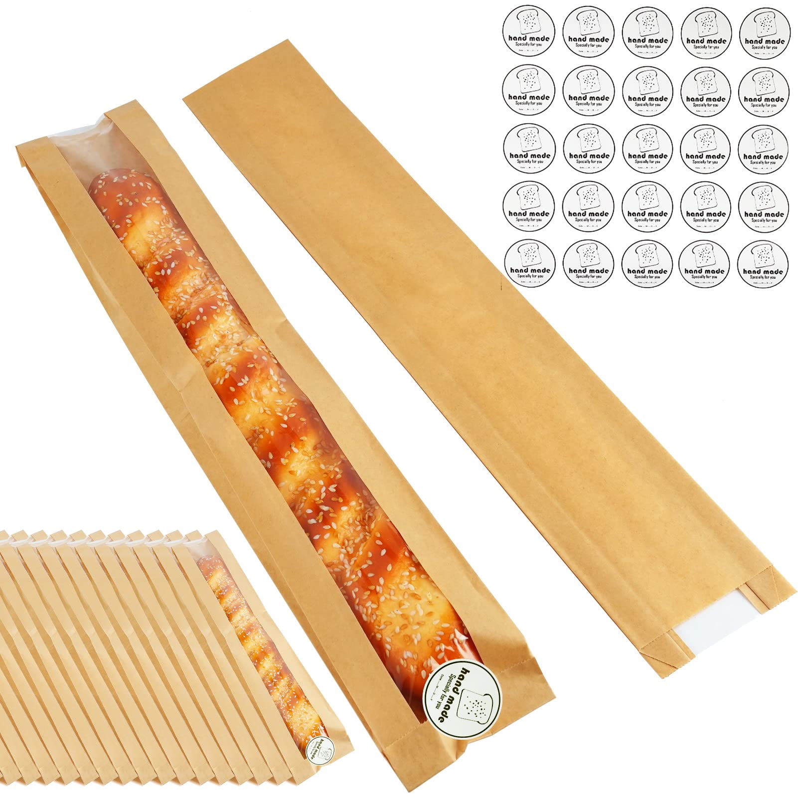 PAKIPER 50 Pack Cookie Packaging Bread Bags,Baguette Bags for Bread,Kraft Paper Bread Bags with Front Window, for Homemade Bread Baguette Kraft Bags with Clear Window and Seal Sticker,23.5"x3.6"x1.8"