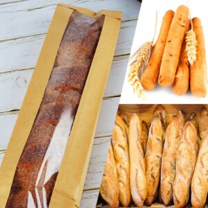 PAKIPER 50 Pack Cookie Packaging Bread Bags,Baguette Bags for Bread,Kraft Paper Bread Bags with Front Window, for Homemade Bread Baguette Kraft Bags with Clear Window and Seal Sticker,23.5"x3.6"x1.8"