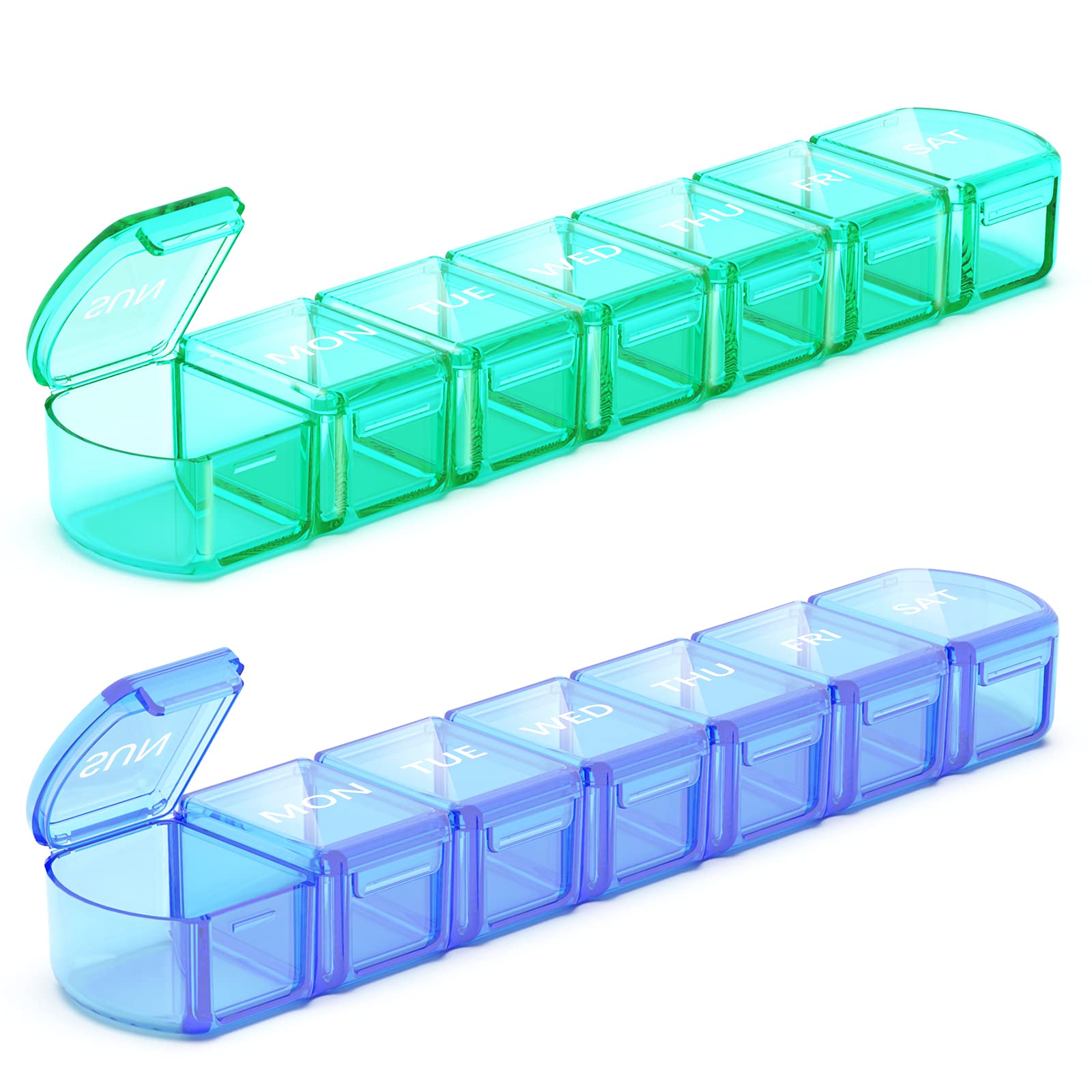 Extra Large Pill Organizer 2 Pack, XL Pill Box 7 Day, Weekly Pill Case with Large Capacity, Jumbo Organizer, BPA Free (Blue+Green)