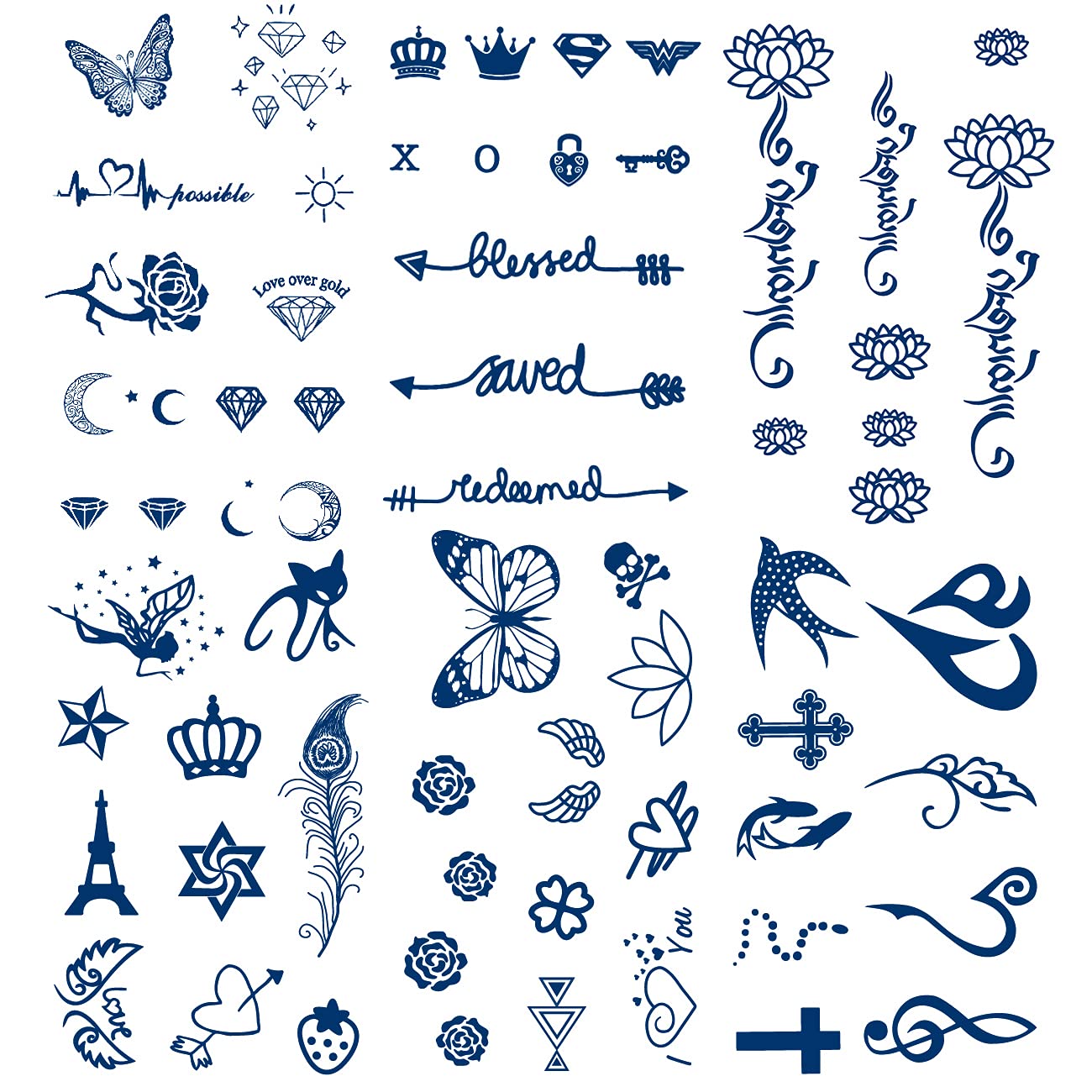 Semi Permanent Tattoos, 6-Sheet 2 Weeks Long Last Waterproof Small Cute Tattoos, 100% Plant-Based Ink Infinity Realistic Tattoos Sticker for Adult Children