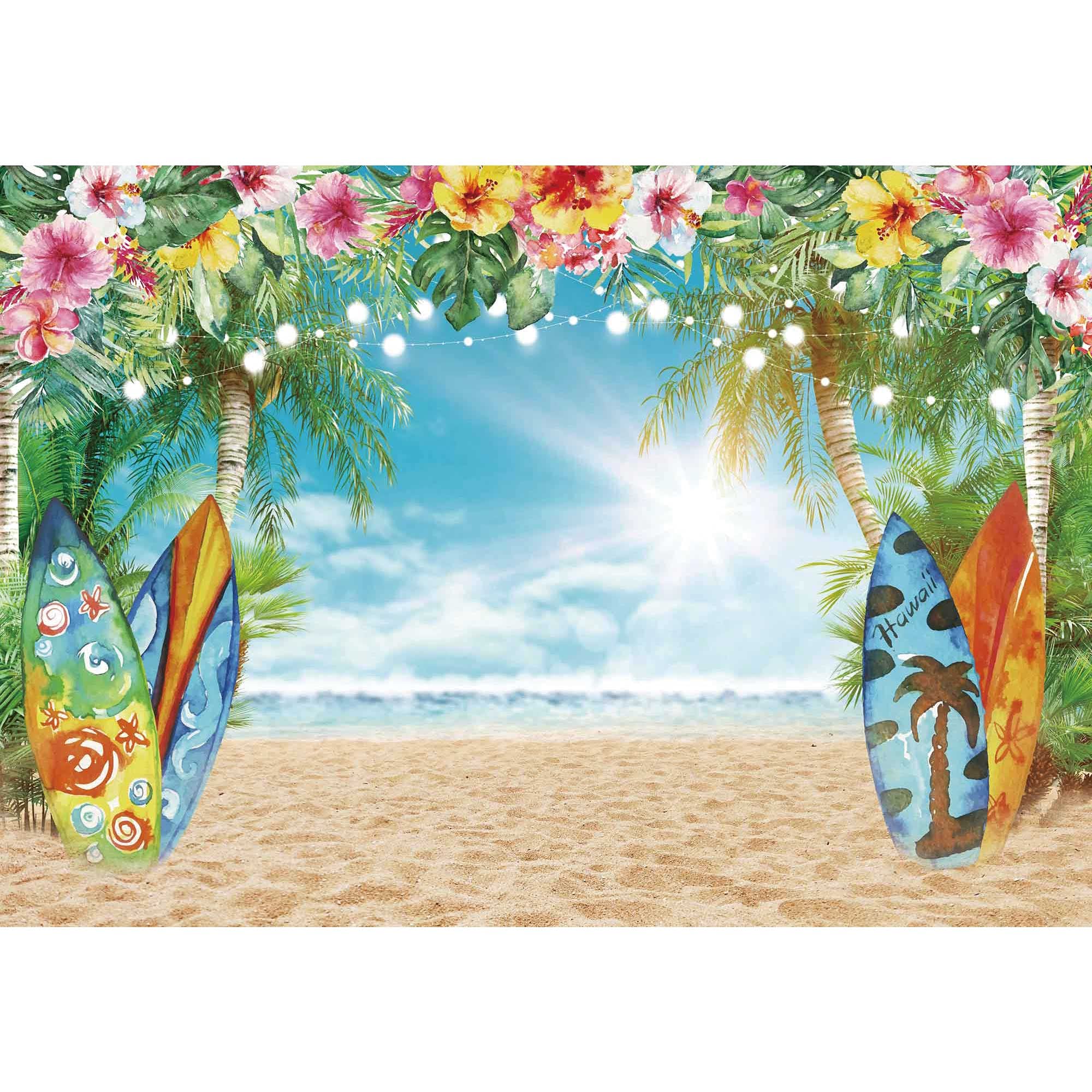 Felortte 7x5FT Polyester Fabric Summer Hawaiian Beach Backdrop Sky Ocean Tropical Flower Palm Leaves Surfboard Photography Background for Luau Aloha Party Decoration Banner Picture Photo Booth2