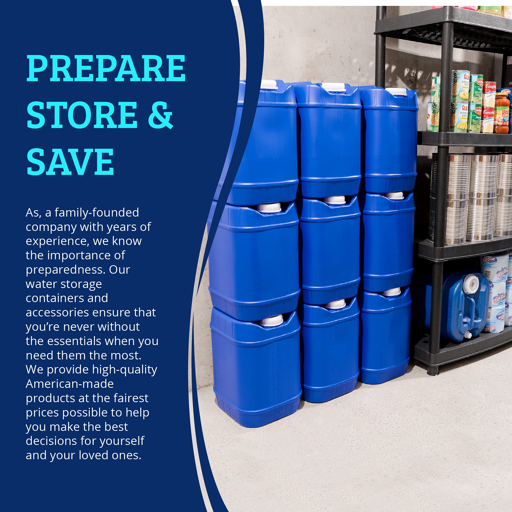 Saratoga Farms 5-Gallon Stackable Water Storage Containers with Lids, Emergency Water Storage Kit Including Spigots, Wrench, and Water Preserver, 30 Gallons