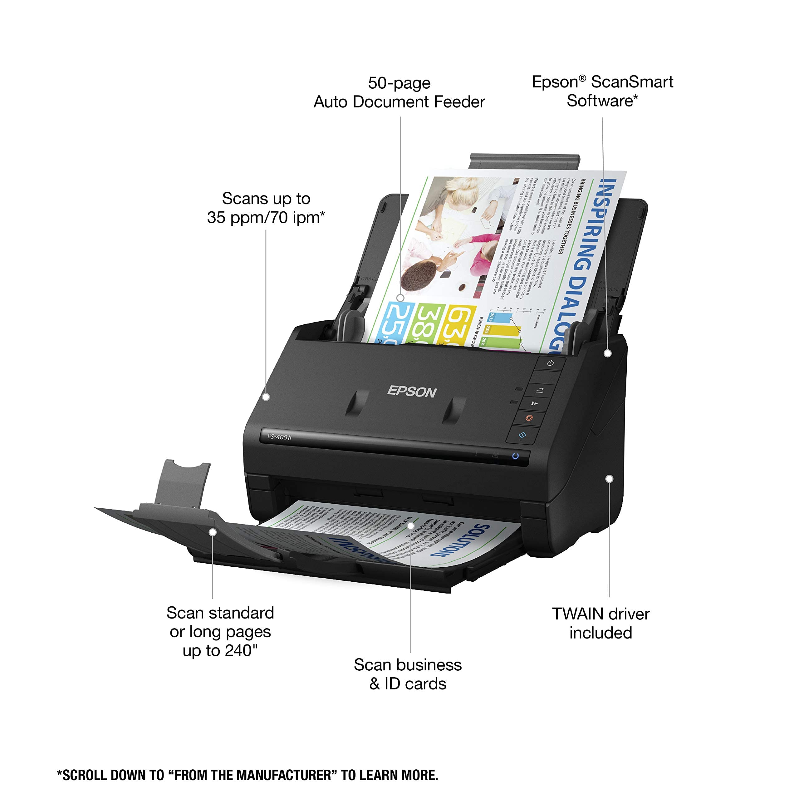 Epson Workforce ES-400 II Color Duplex Desktop Document Scanner for PC and Mac, with Auto Document Feeder (ADF) and Image Adjustment Tools (Renewed)