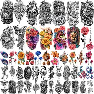 49 temporary tattoos waterproof for men and women, 3d realistic half arm fake tattoos, floral animal peony rose butterfly tiger snake tattoo stickers for teens girls body hand shoulder chin