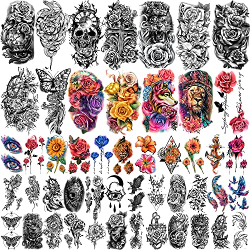 49 Temporary Tattoos Waterproof for Men and Women, 3D Realistic Half Arm Fake Tattoos, Floral Animal Peony Rose Butterfly Tiger Snake Tattoo Stickers for Teens Girls Body Hand Shoulder Chin