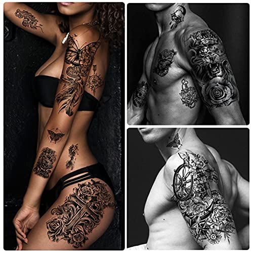 49 Temporary Tattoos Waterproof for Men and Women, 3D Realistic Half Arm Fake Tattoos, Floral Animal Peony Rose Butterfly Tiger Snake Tattoo Stickers for Teens Girls Body Hand Shoulder Chin