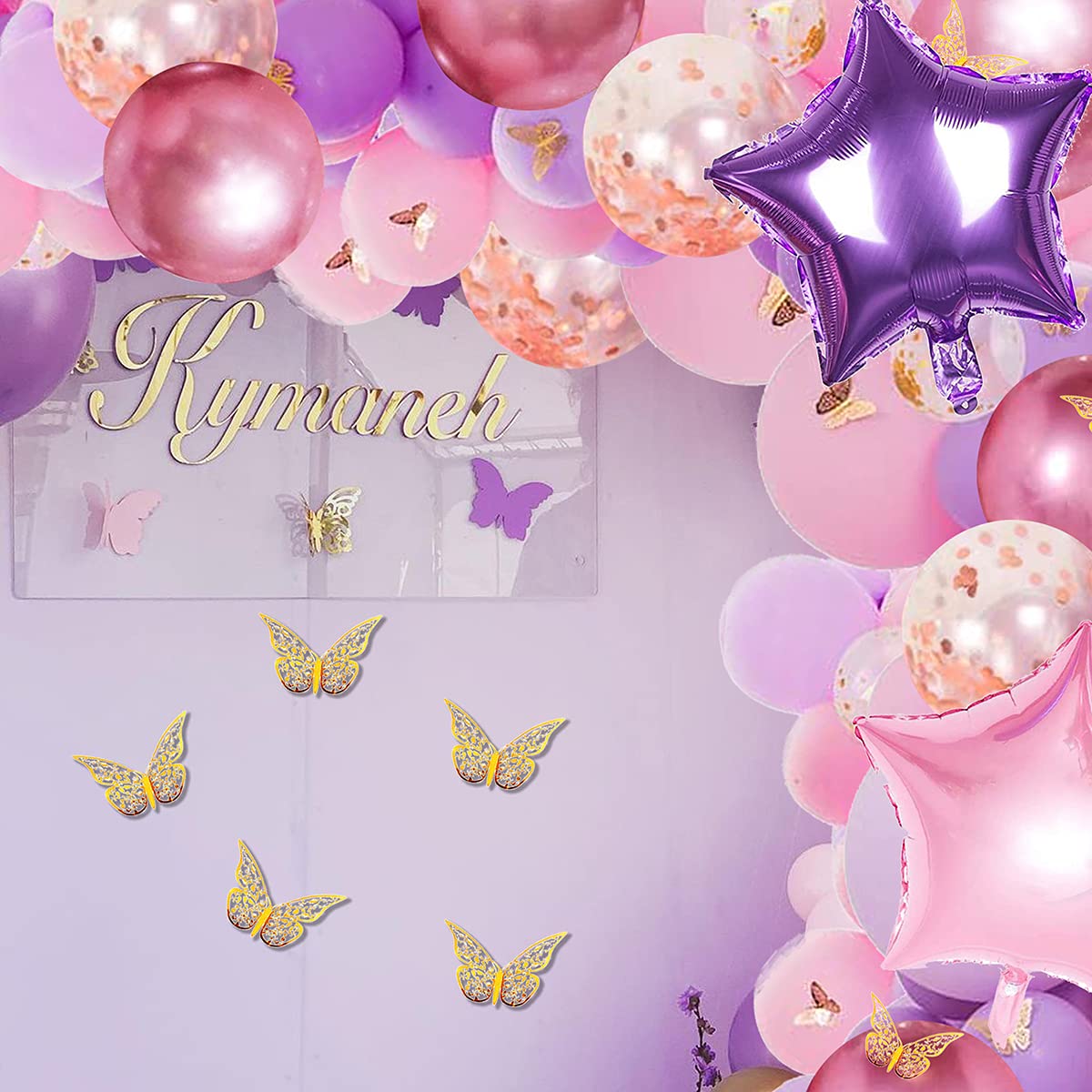 126 Pcs Butterfly Pink and Purple Balloon Garland Kit, Butterfly Theme Balloon Arch with Gold Butterfly Star Foil Balloons for Girls Women Birthday Baby Bridal Shower Wedding Party Decoration