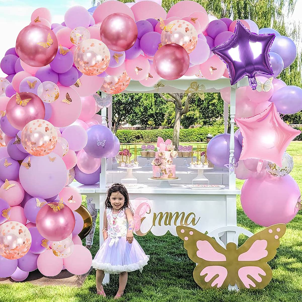 126 Pcs Butterfly Pink and Purple Balloon Garland Kit, Butterfly Theme Balloon Arch with Gold Butterfly Star Foil Balloons for Girls Women Birthday Baby Bridal Shower Wedding Party Decoration